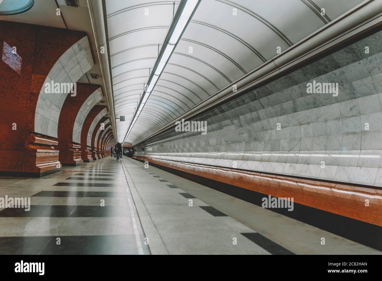 Underground subway station. Abstract perspective view on long platform ...