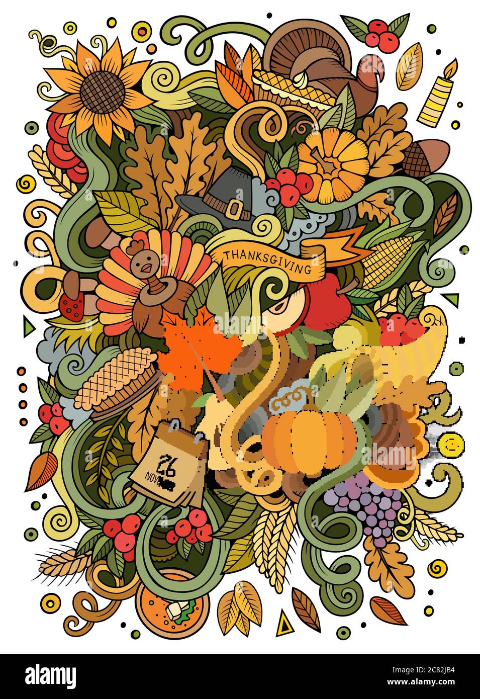 Cartoon cute doodles hand drawn Thanksgiving illustration Stock Vector ...