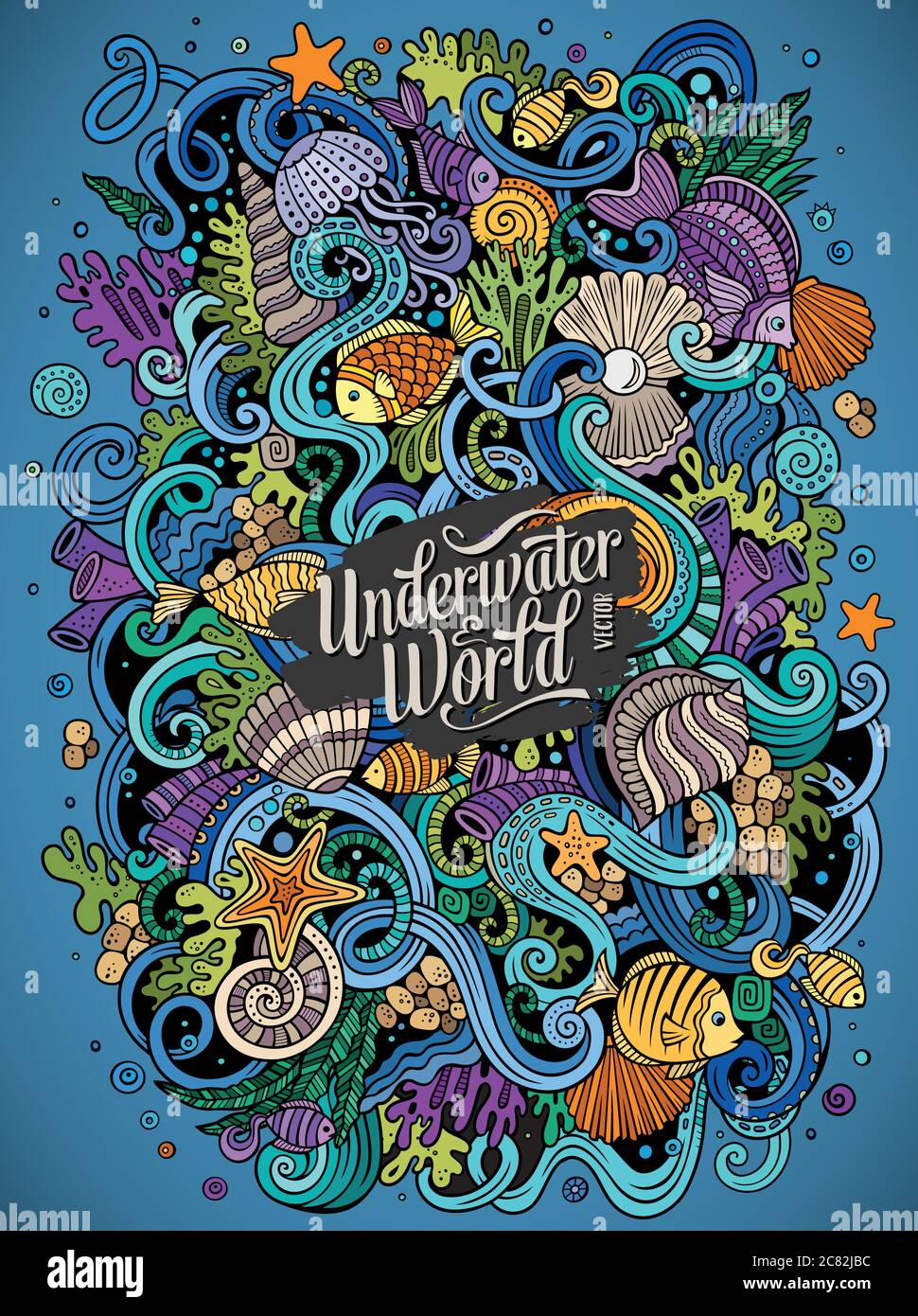 Cartoon hand-drawn doodles Underwater life illustration Stock Vector ...