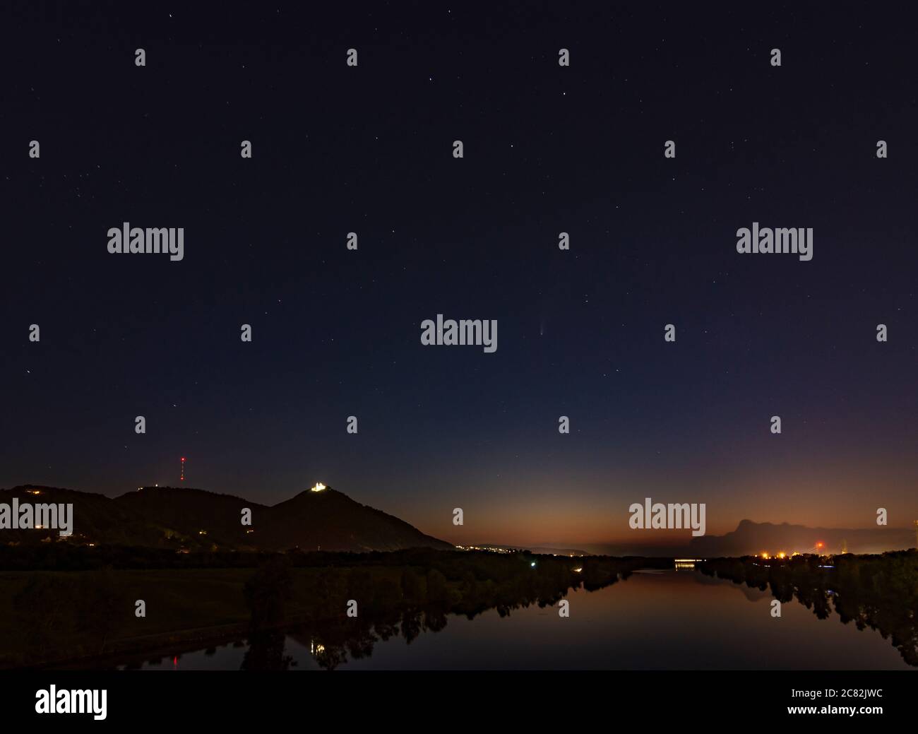 Wien, Vienna: comet "Neowise", river Neue Donau (New Danube), mountains ...