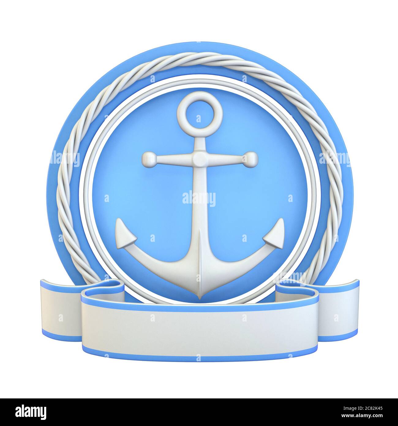White blue anchor, ribbon and rope 3D render illustration isolated on ...