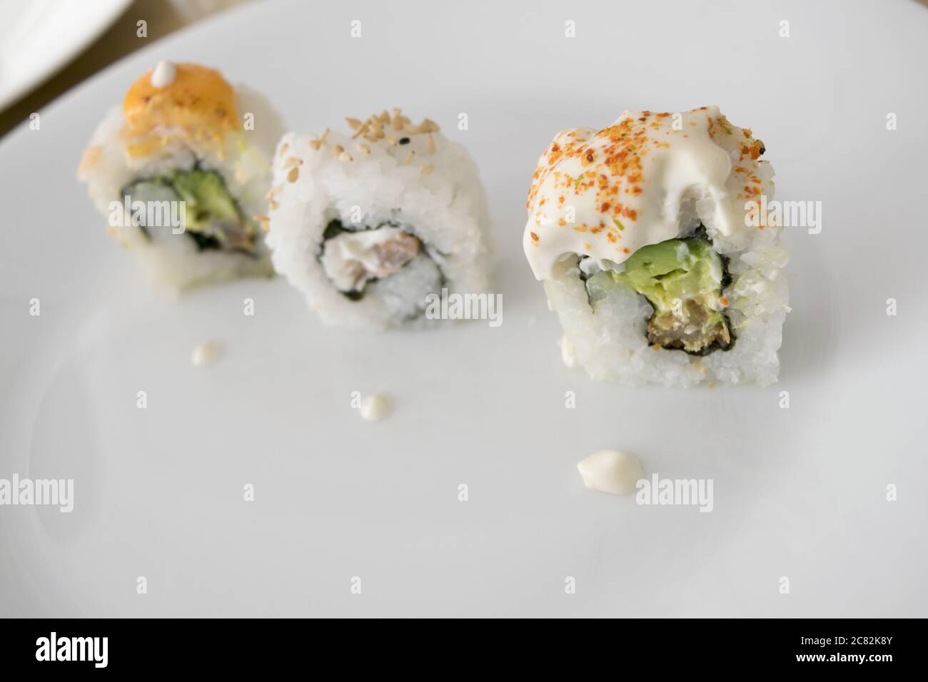High angle view of sushi in a plate under the lights - perfect for food ...