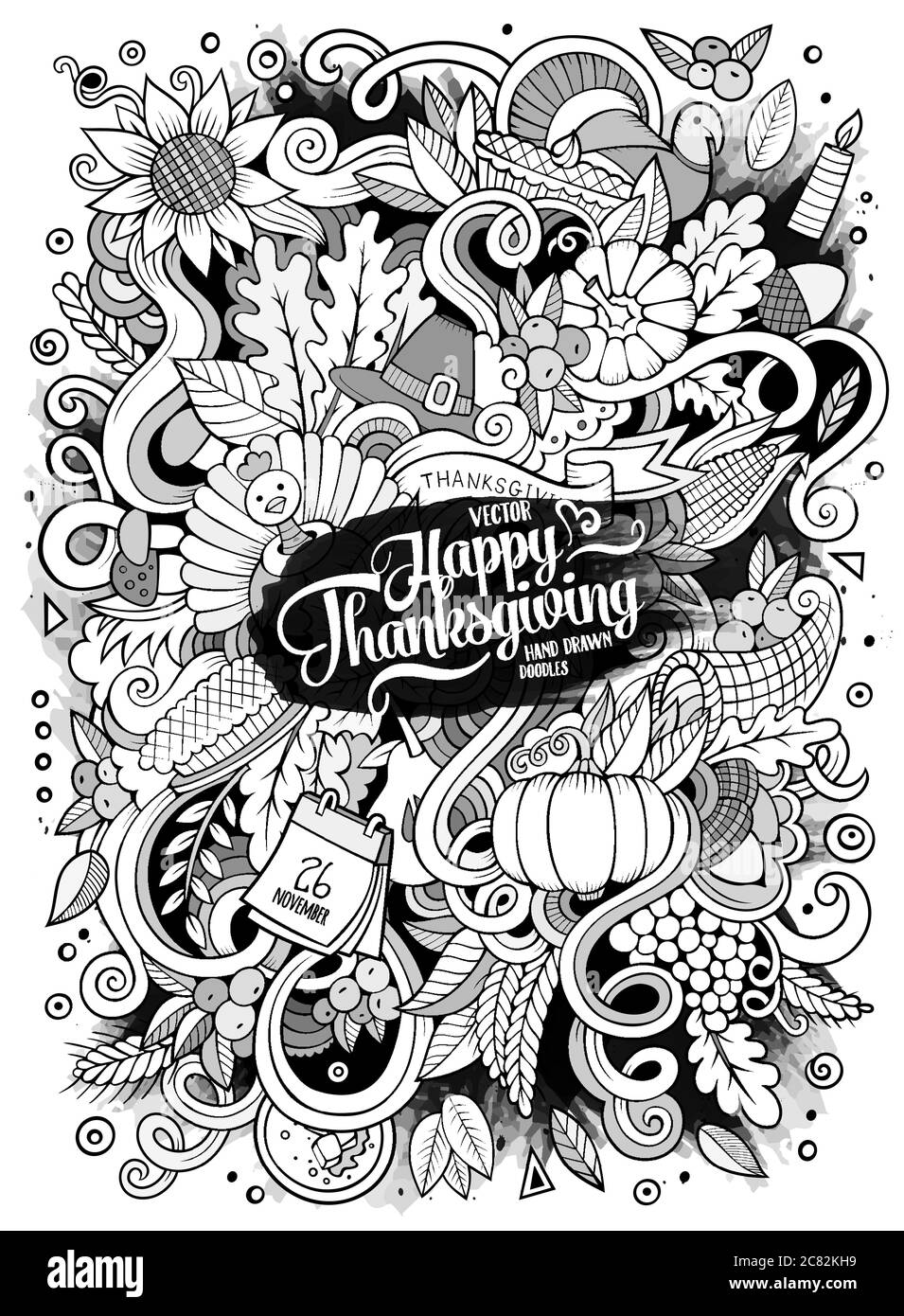 Cartoon cute doodles hand drawn Thanksgiving illustration Stock Vector ...