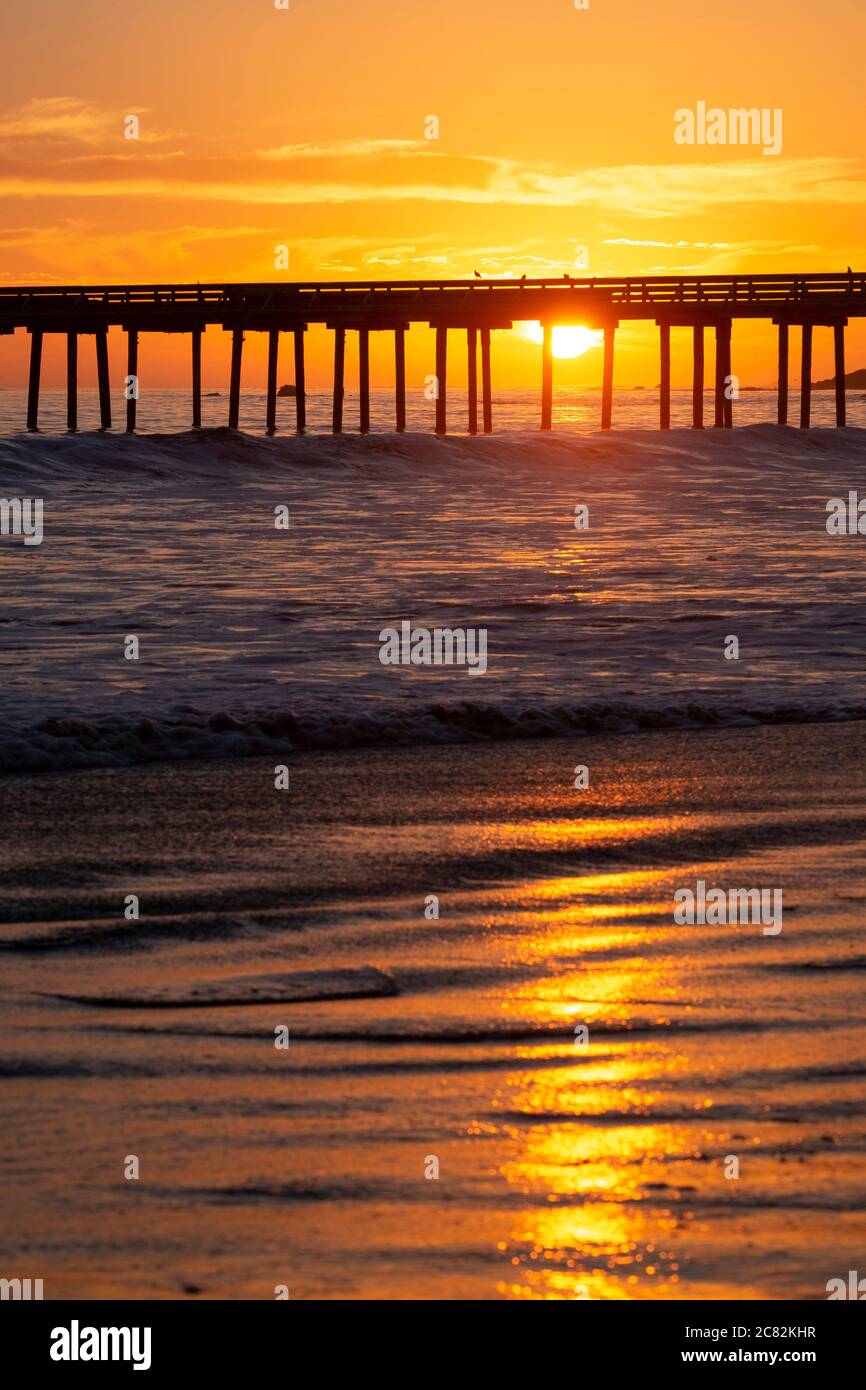 Golden sunset over the Pacific ocean an the old pier at Cayucos ...