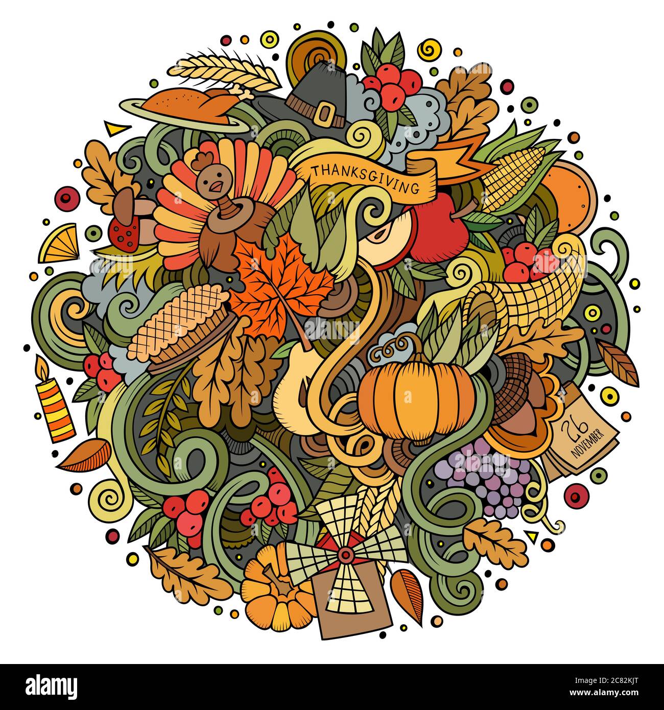 Cartoon cute doodles hand drawn Thanksgiving illustration Stock Vector ...