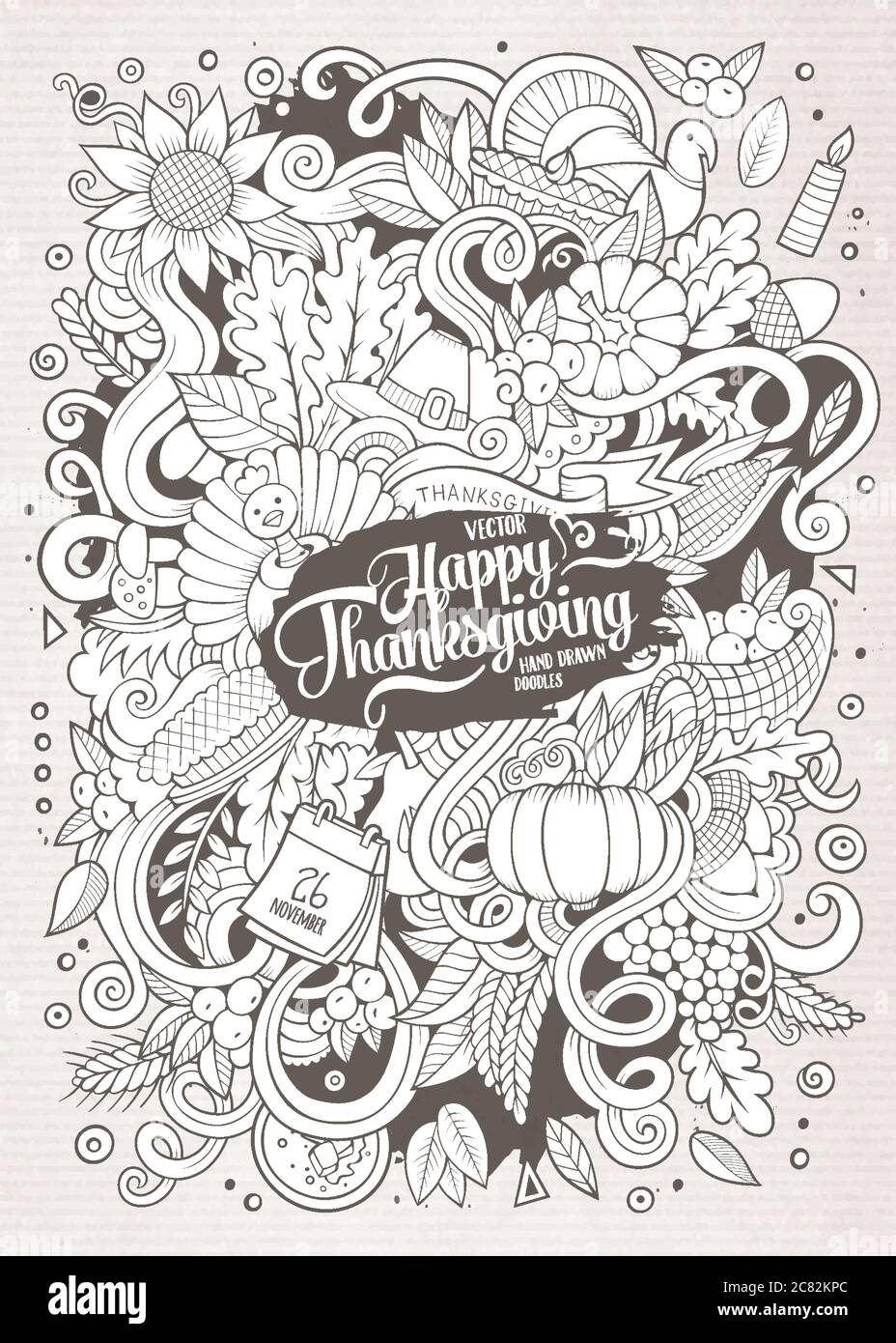 Cartoon cute doodles hand drawn Thanksgiving illustration Stock Vector ...