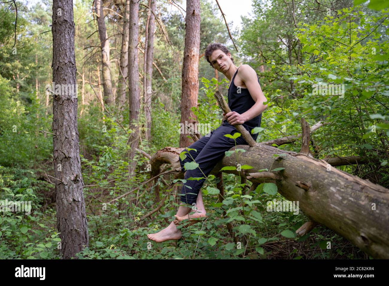 Side view portrait of man sitting on log against trees in forest Stock ...