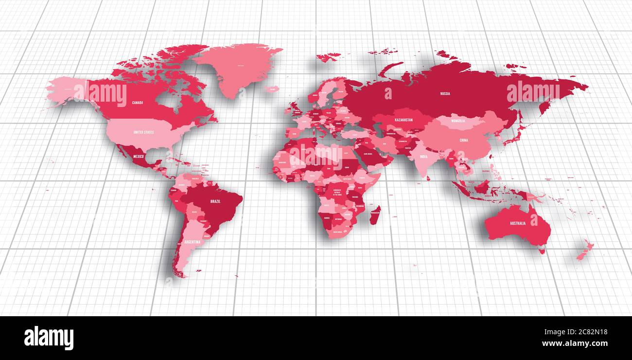 Pink geopolitical map of World. Bottom perspective view with background ...