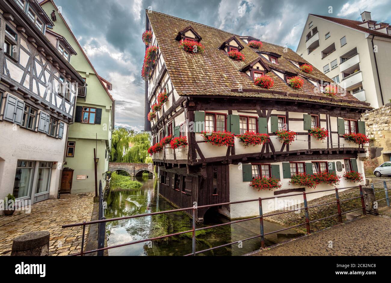 Crooked house or Hotel Schiefes Haus in Ulm, Germany. It is landmark of ...