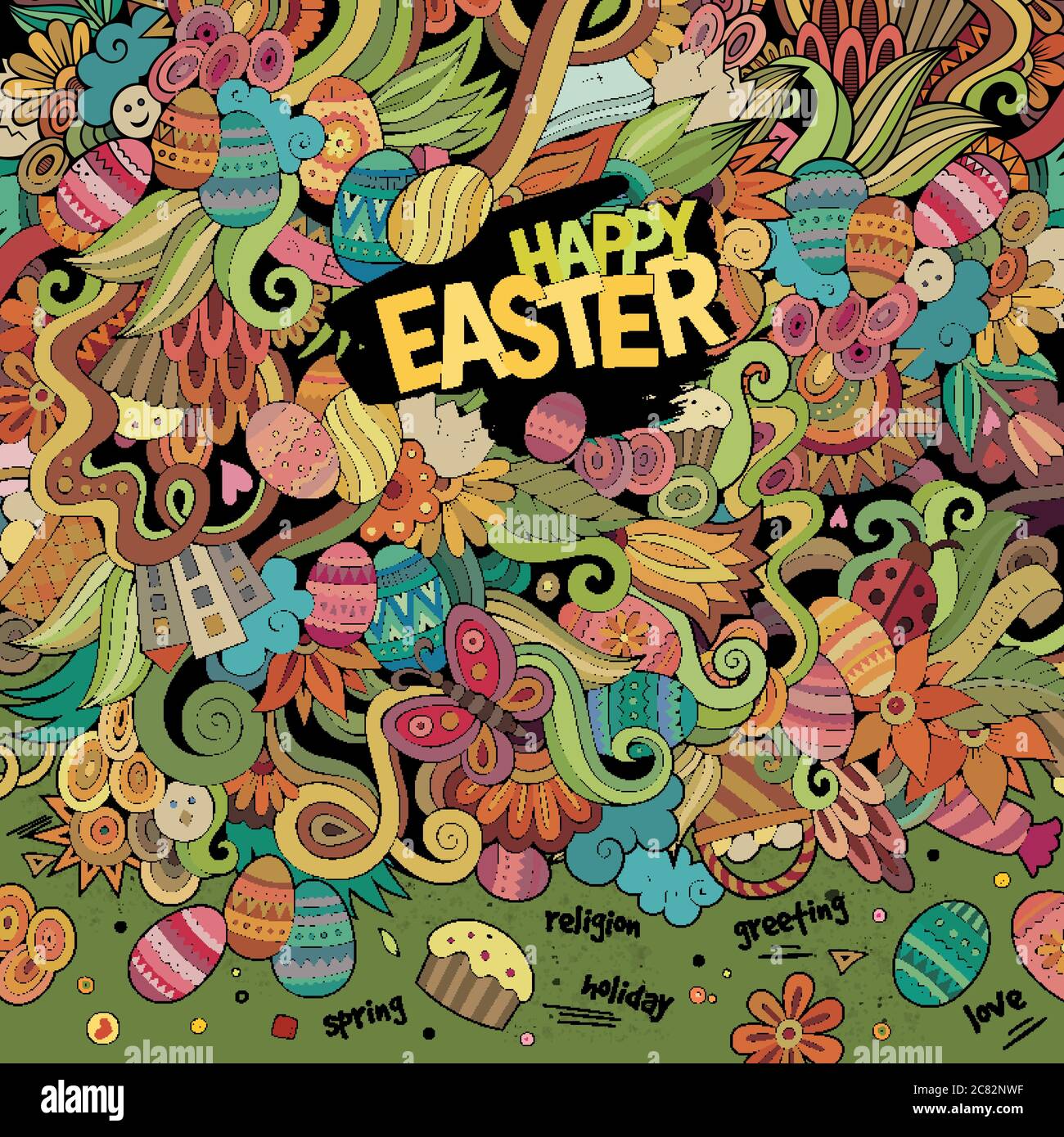 Cartoon hand-drawn doodles Happy Easter background Stock Vector Image ...