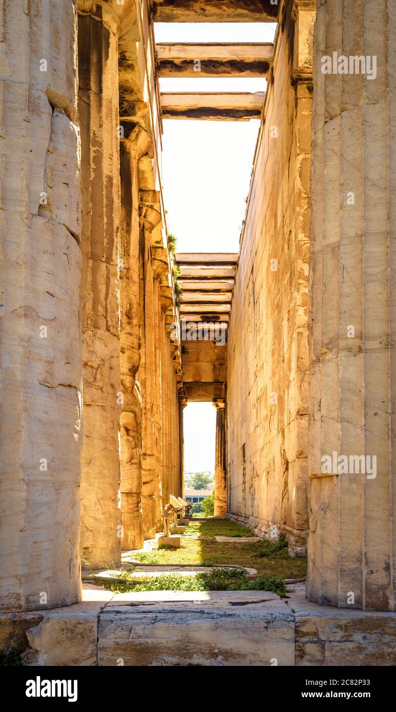Temple of Hephaestus in Ancient Agora in sunlight, detail, Athens ...