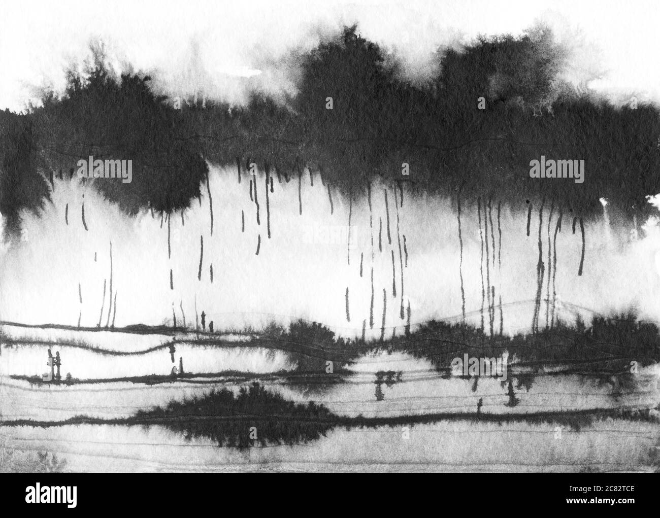 Abstract landscape ink hand drawn illustration. Black and white ink ...