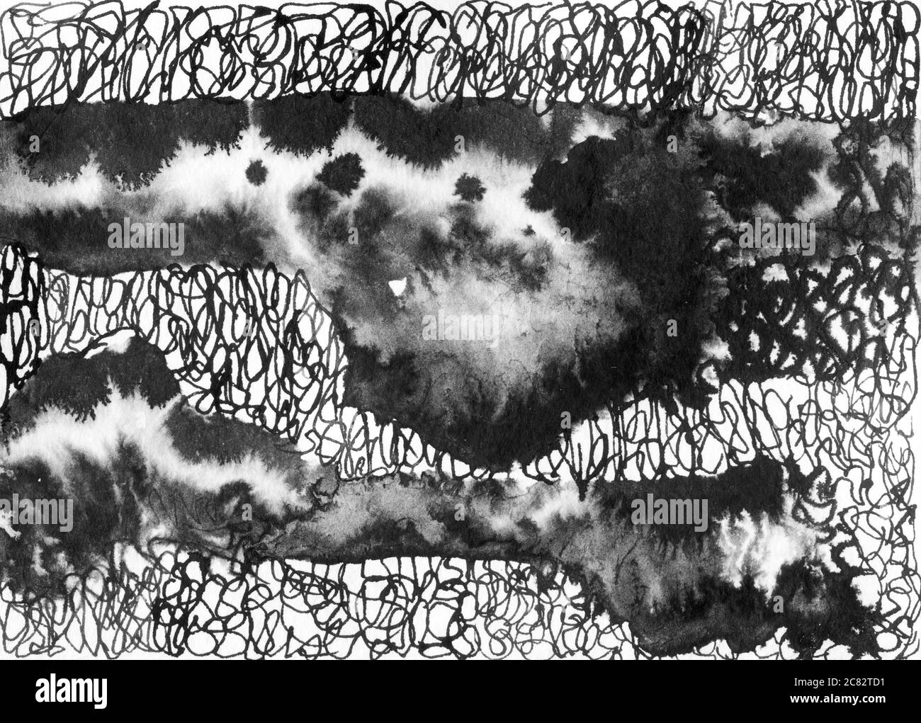 Abstract landscape ink hand drawn illustration. Black and white ink ...