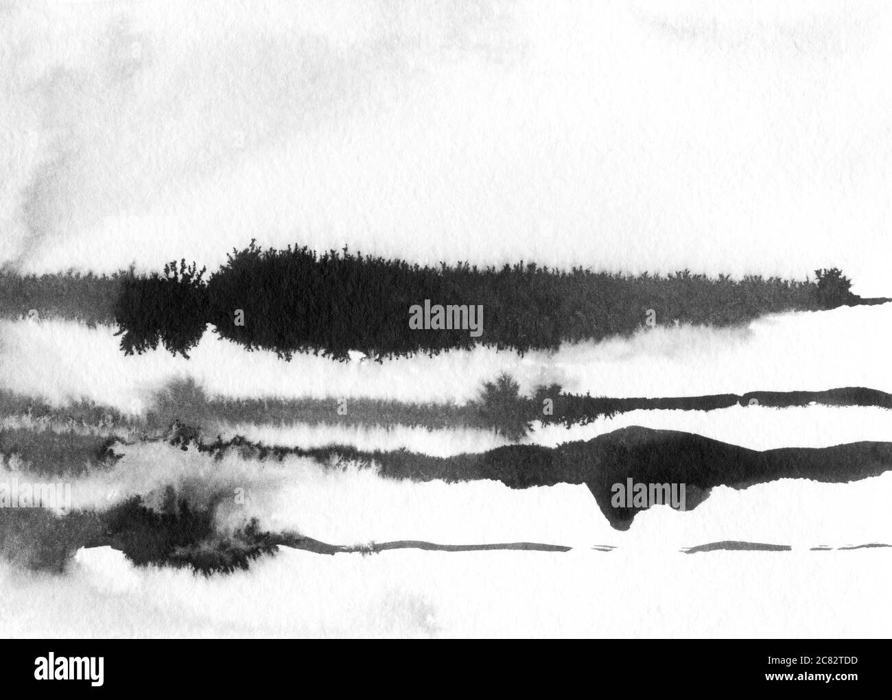 Abstract landscape ink hand drawn illustration. Black and white ink ...