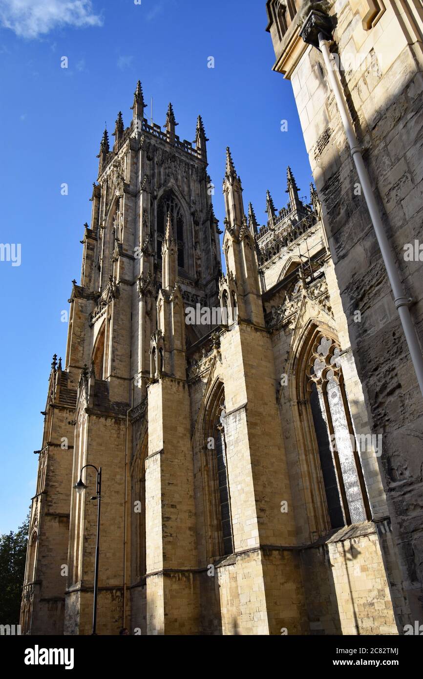 Looking upwards at the Western towers from the south side of York ...