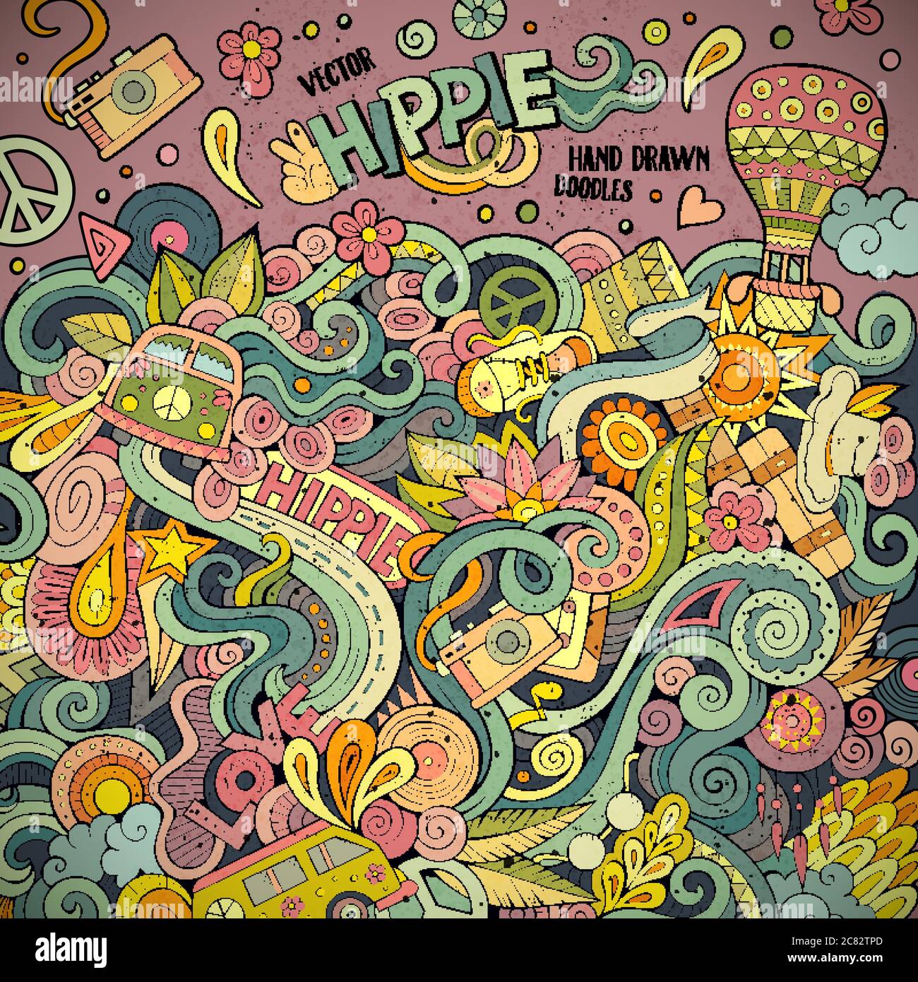 Cartoon hand-drawn doodles hippie illustration Stock Vector Image & Art ...