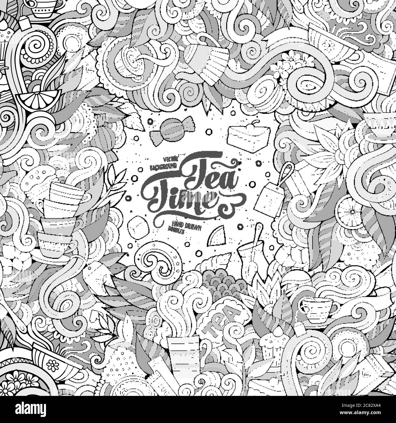 Cartoon cute doodles hand drawn tea frame design Stock Vector Image ...