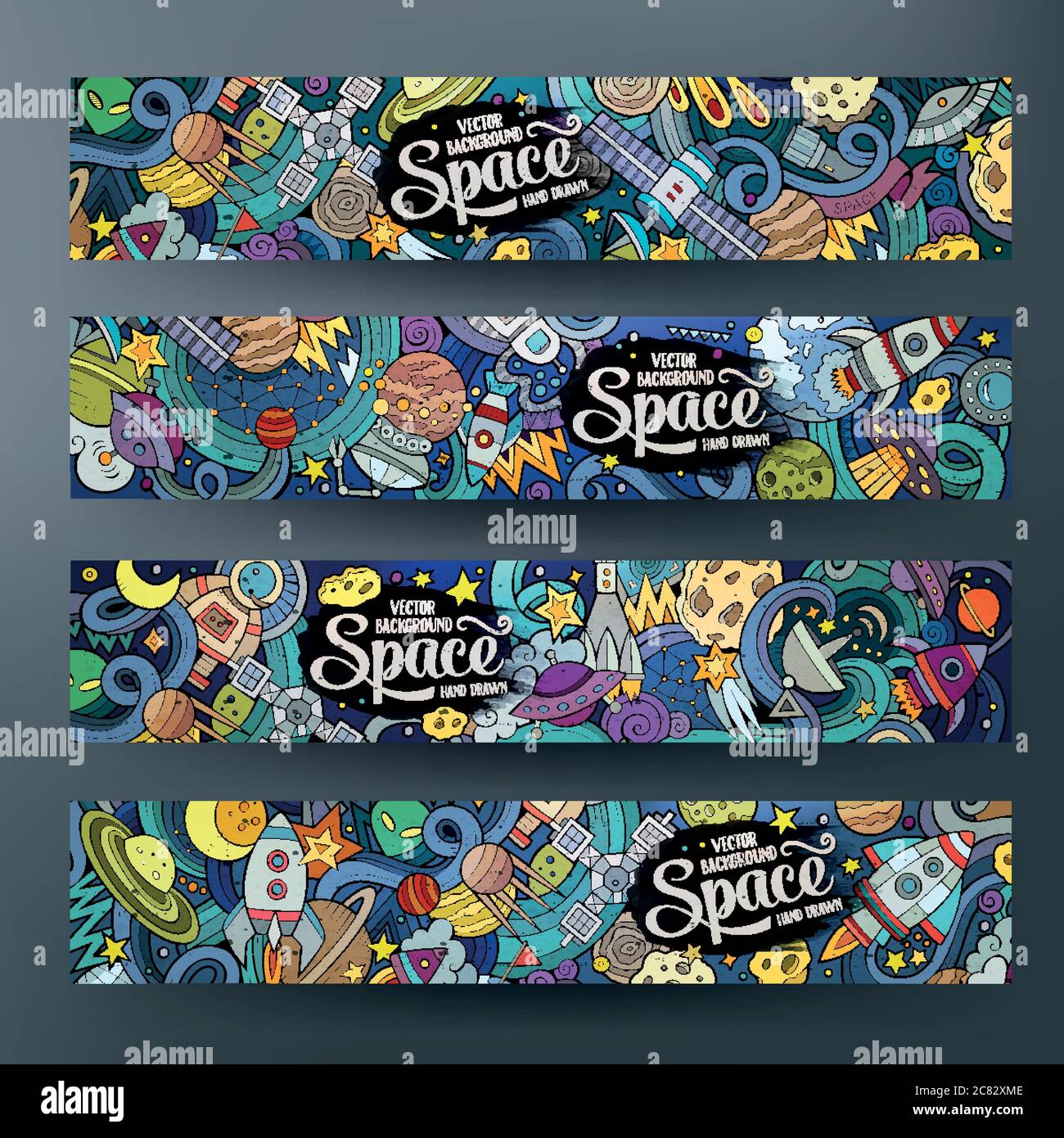 Cartoon cute doodles hand drawn space banners Stock Vector Image & Art ...