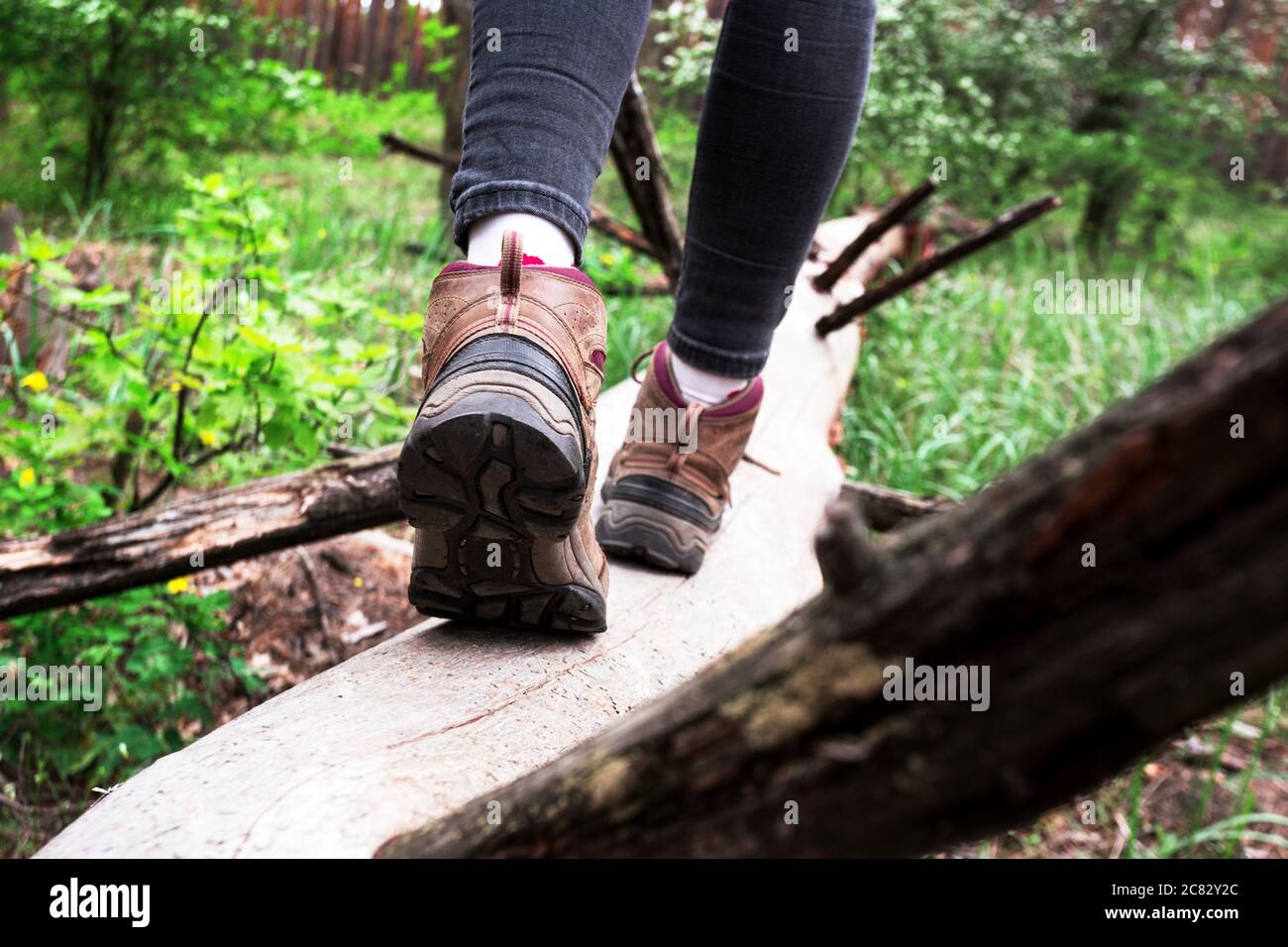 hiking boots close-up. girl tourist steps on a log. active lifestyle ...