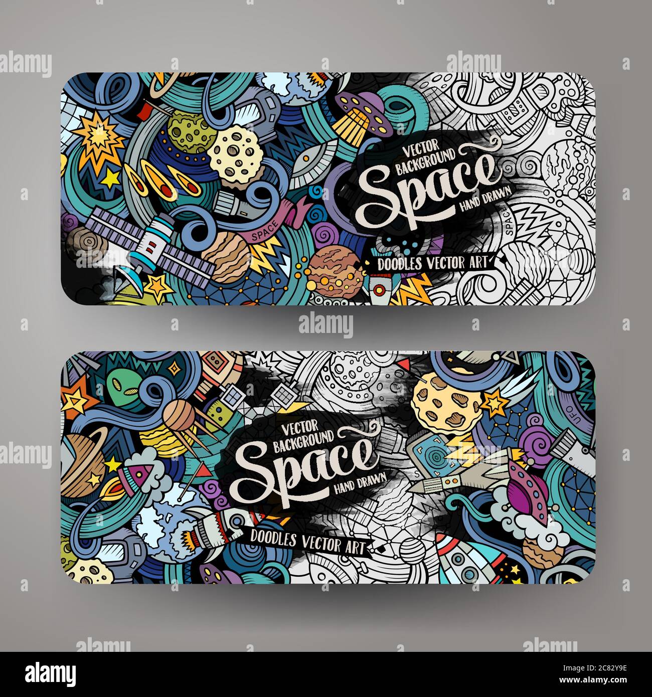 Cartoon cute doodles hand drawn space banners Stock Vector Image & Art ...