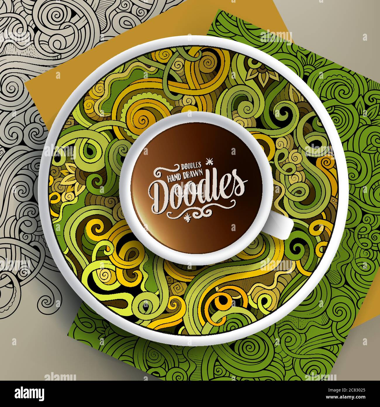 Cup of coffee and hand drawn curls nature doodles Stock Vector Image ...