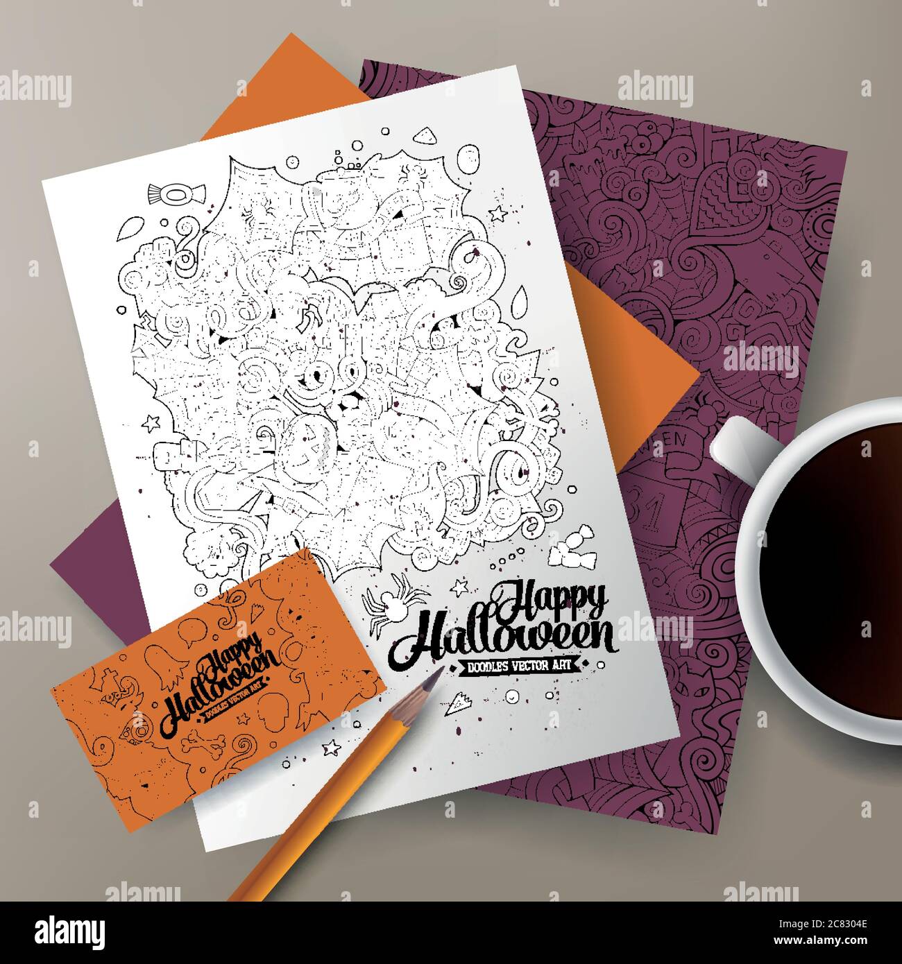 Cartoon cute vector doodles Halloween corporate identity set Stock ...