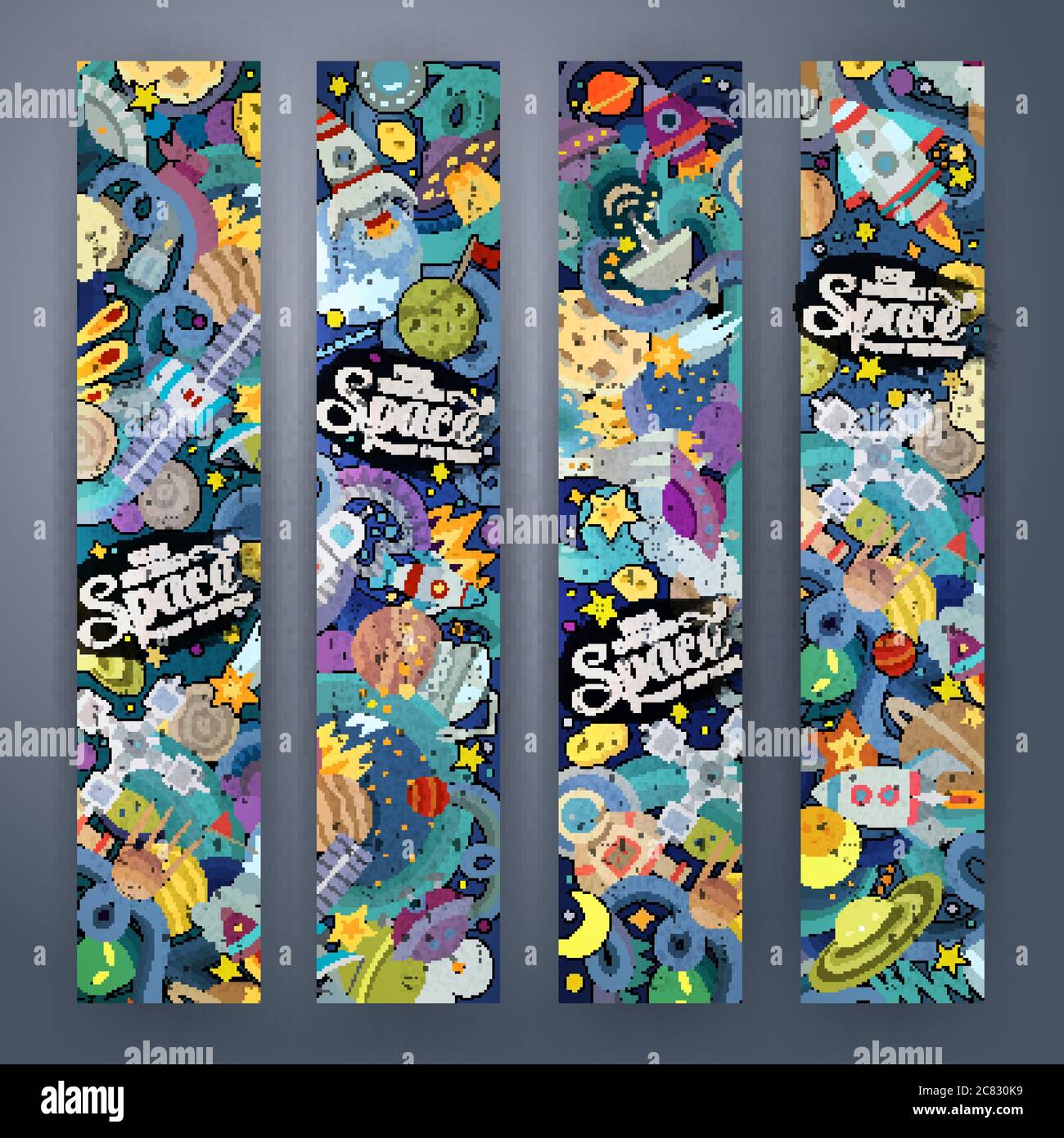 Cartoon cute doodles hand drawn space banners Stock Vector Image & Art ...