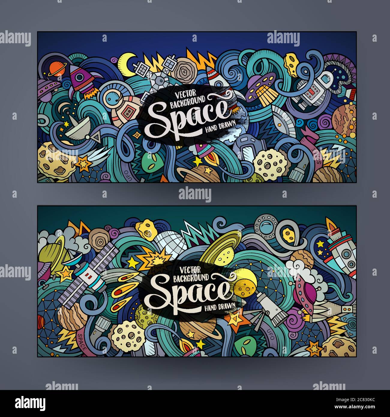 Cartoon cute doodles hand drawn space banners Stock Vector Image & Art ...