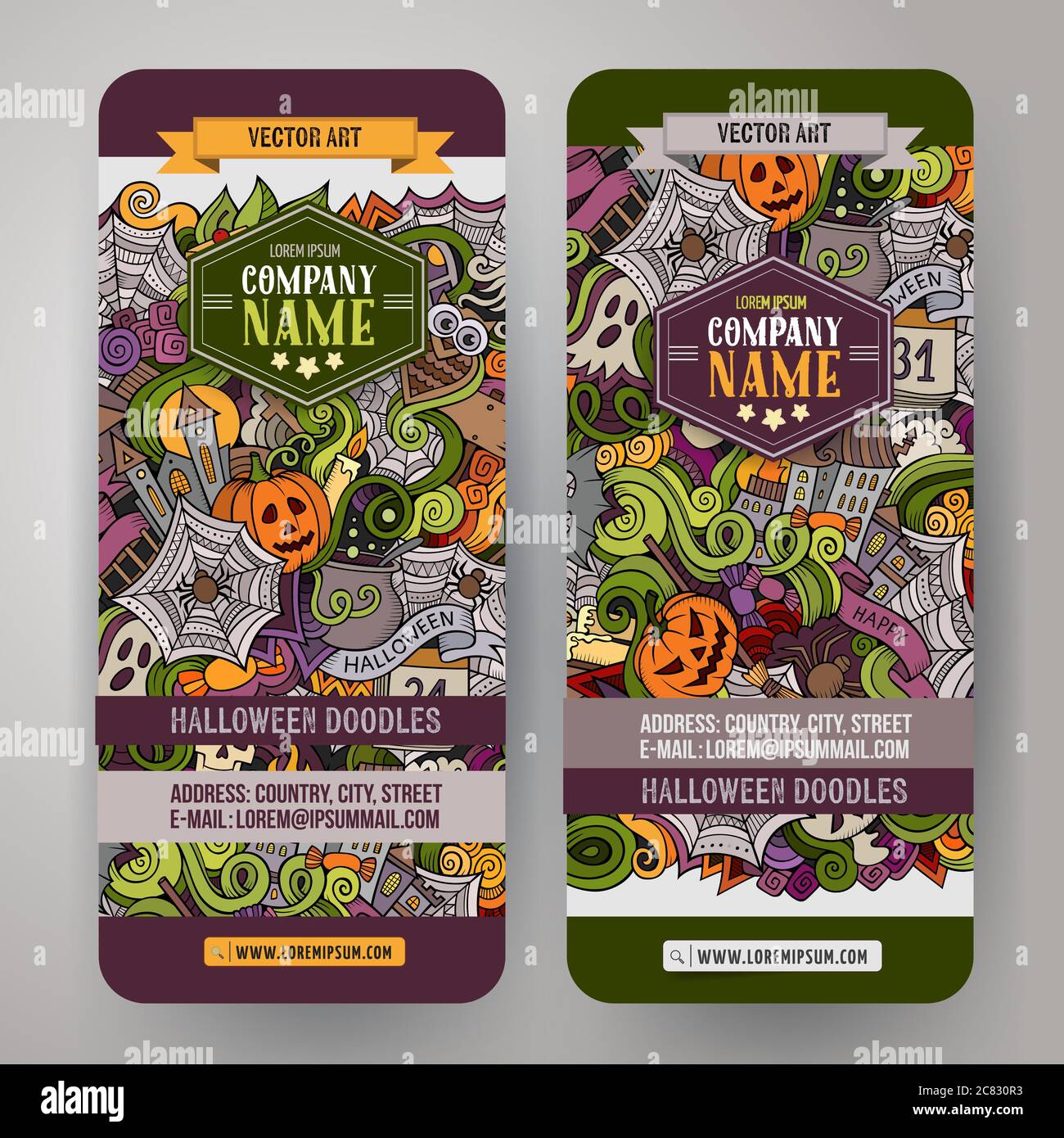 Cartoon cute colorful vector hand drawn doodles Halloween banners Stock ...
