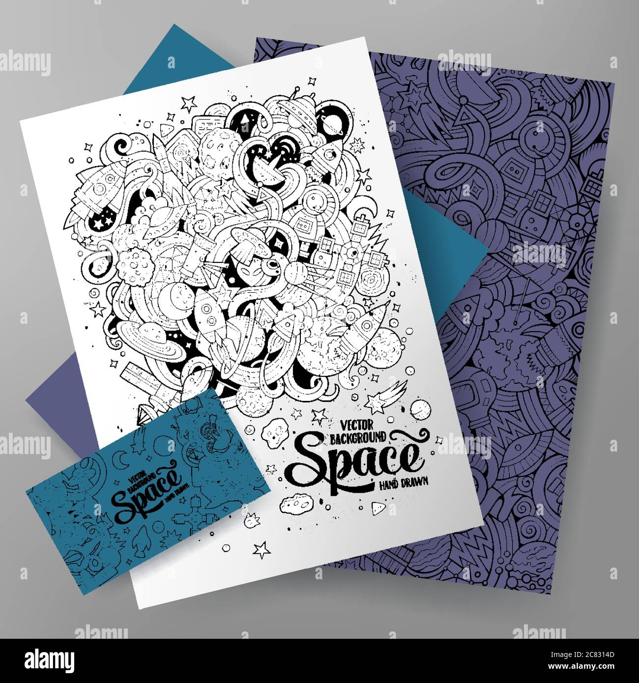 Cartoon cute vector doodles Space corporate identity set Stock Vector ...