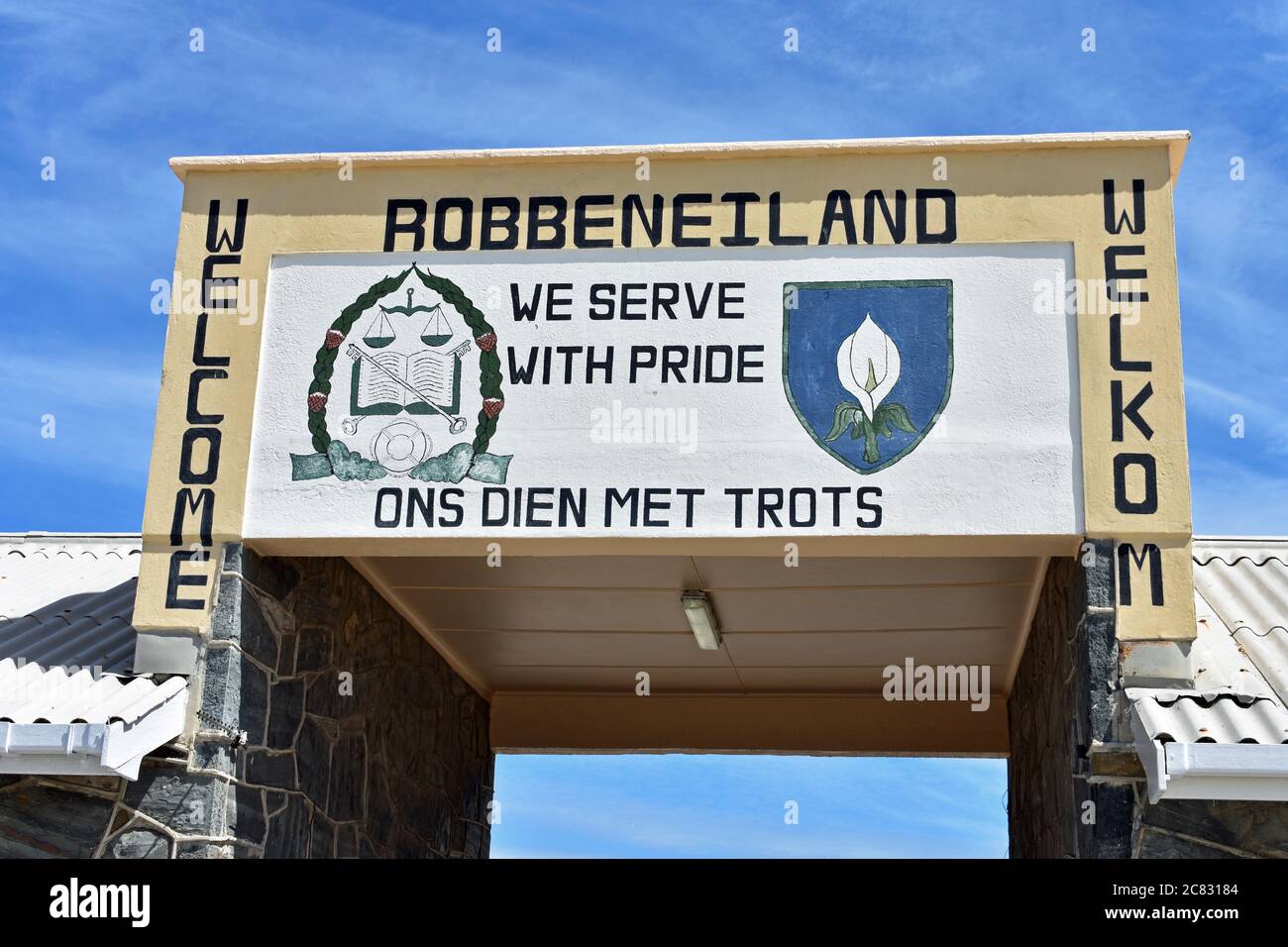 The entrance sign to Robben Island, a UNESCO world heritage site. The ...