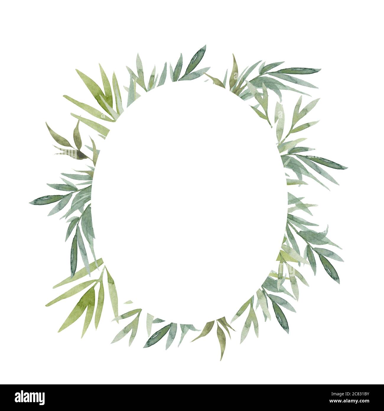 Floral greenery card design: branch green leaves circle frame. Wedding ...