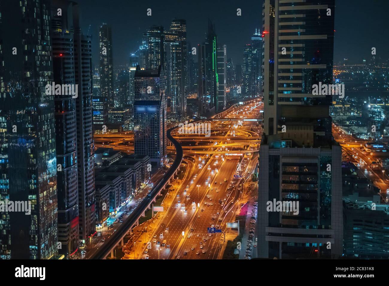Amazing night Dubai downtown skyline view from above panorama, Dubai ...
