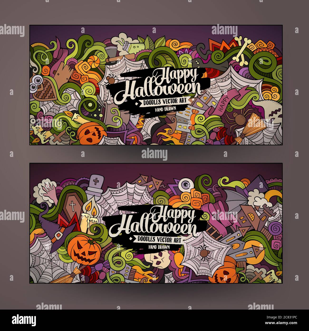 Cartoon cute colorful vector hand drawn doodles Halloween banners Stock ...