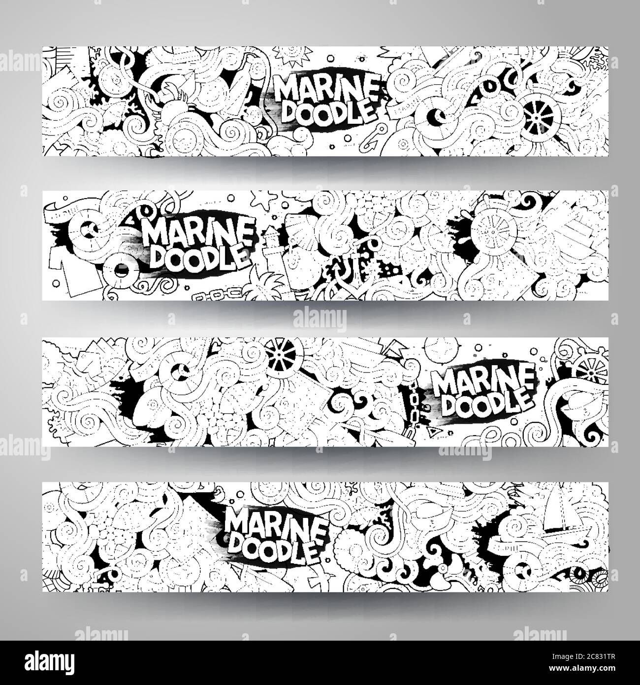 Cartoon line art vector hand-drawn marine nautical banners Stock Vector ...