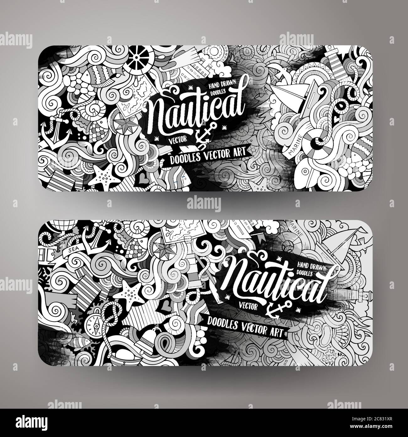 Cartoon line art vector hand-drawn marine nautical banners Stock Vector ...