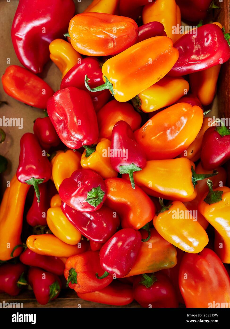 Small hot red peppers and yellow peppers in a display of fresh ...