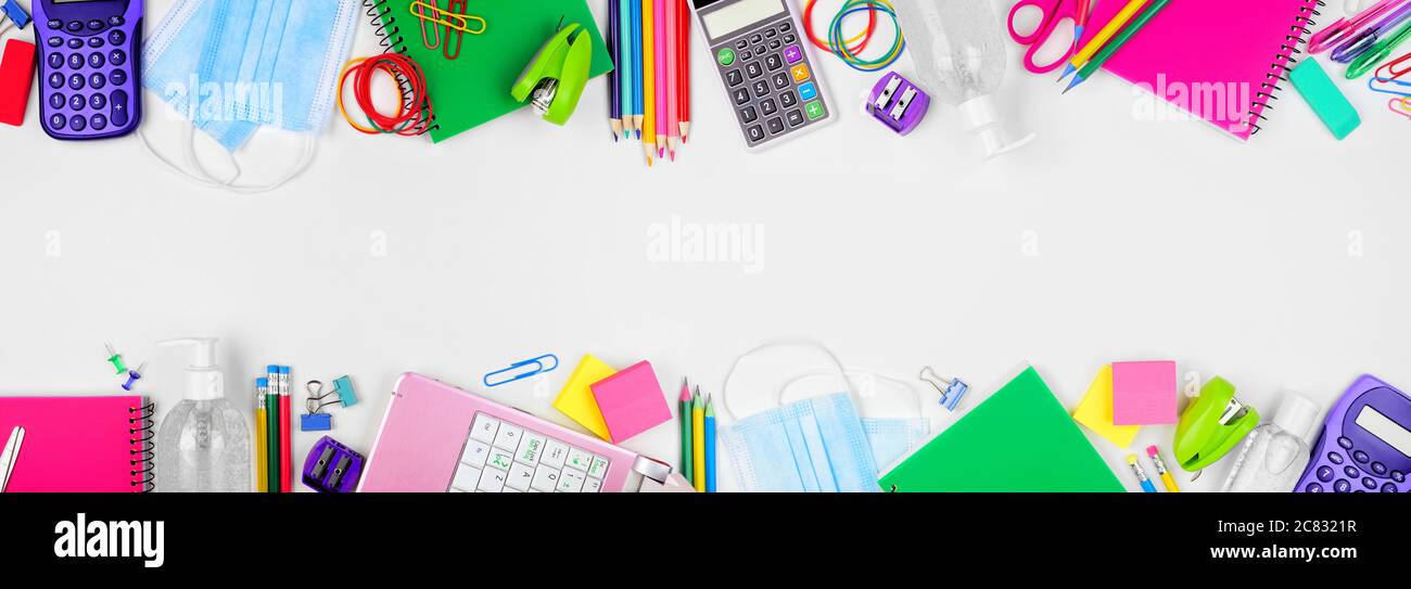 School or office supplies and coronavirus prevention items. Top view ...