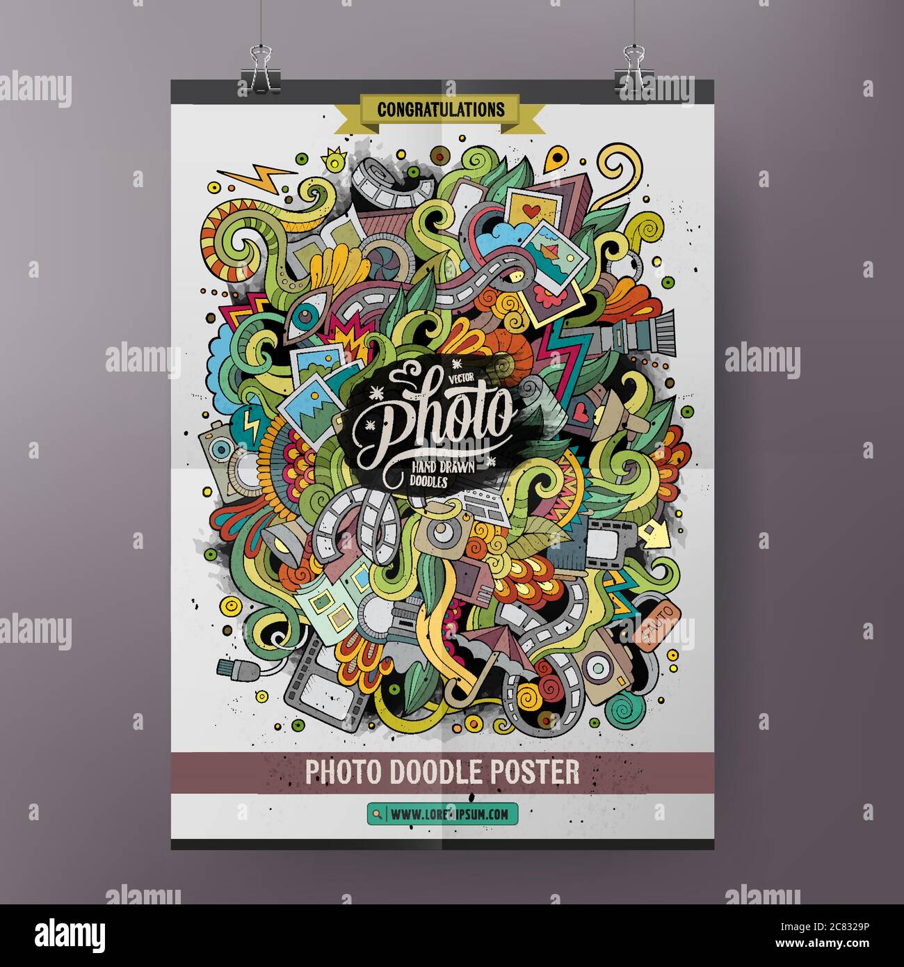 Cartoon colorful hand drawn doodles Photo poster template Stock Vector ...