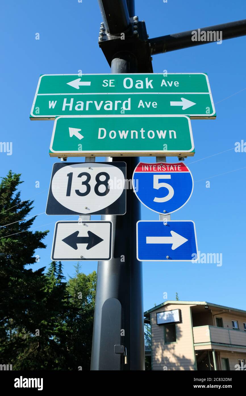 Street sign for travelers on a freeway off-ramp in Roseburg,Oregon ...