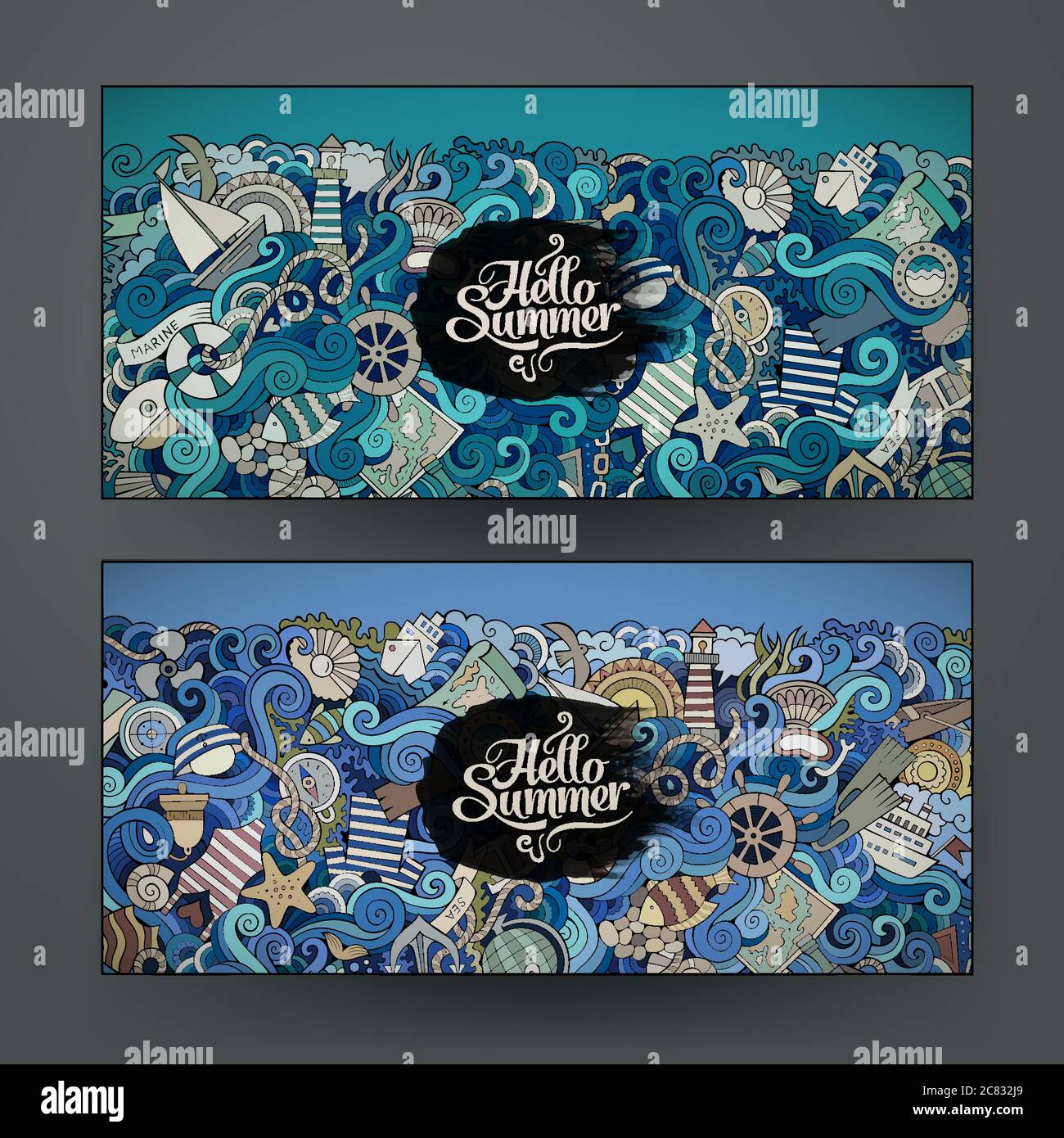 Vector banner templates set with doodles marine theme Stock Vector ...