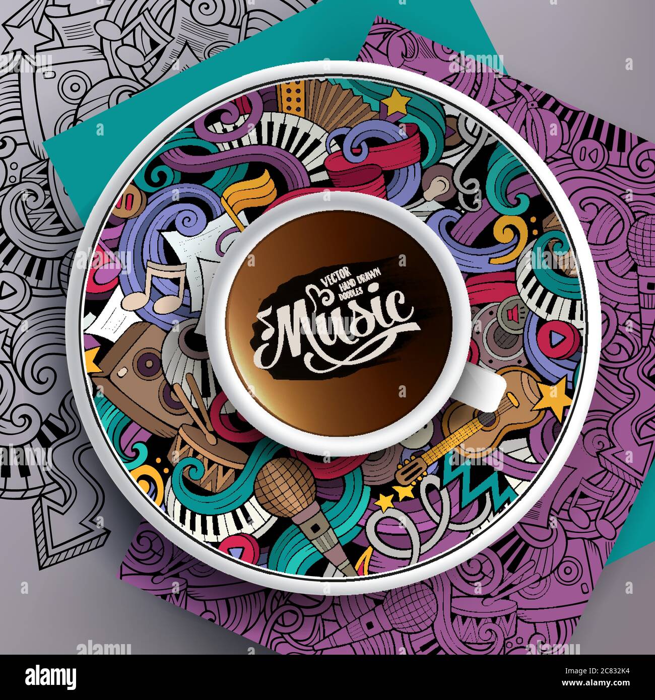 Vector illustration with a Cup of coffee and musical doodles Stock ...