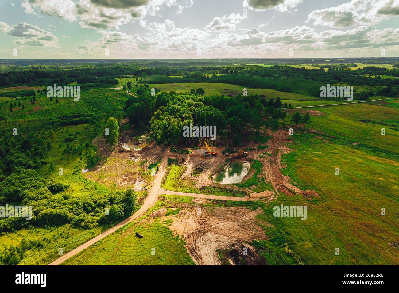 Aerial view of landscape fields in springtime under cloudy sky Stock ...