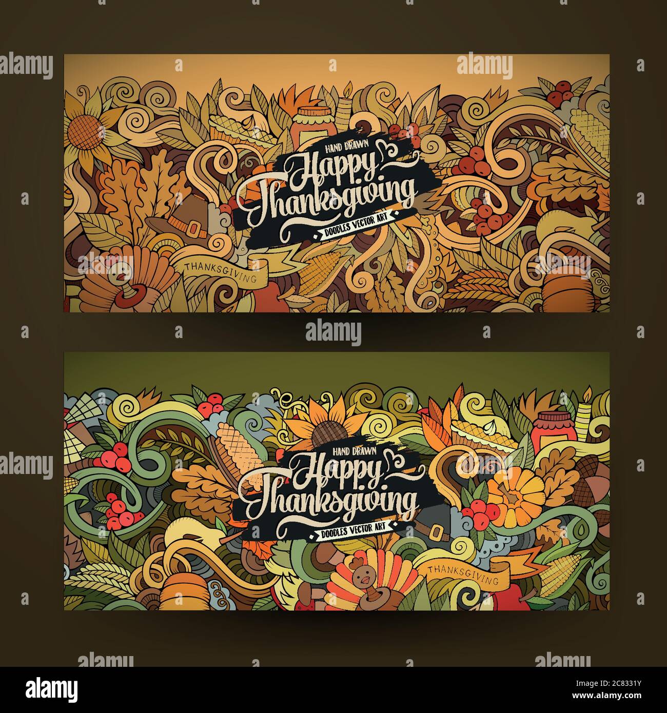 Cartoon vector hand-drawn Doodle Happy Thanksgiving Day cards Stock ...