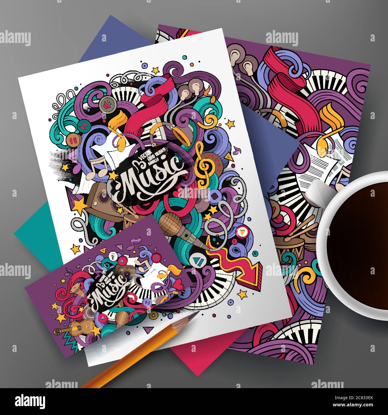 Cartoon hand-drawn doodles Musical identity Stock Vector Image & Art ...
