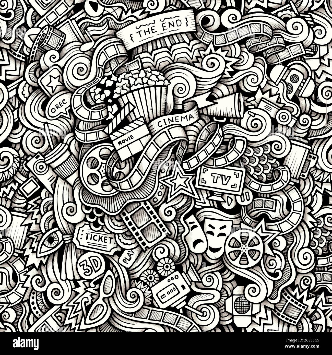 Cartoon hand-drawn doodles on the subject of Cinema style theme Stock ...