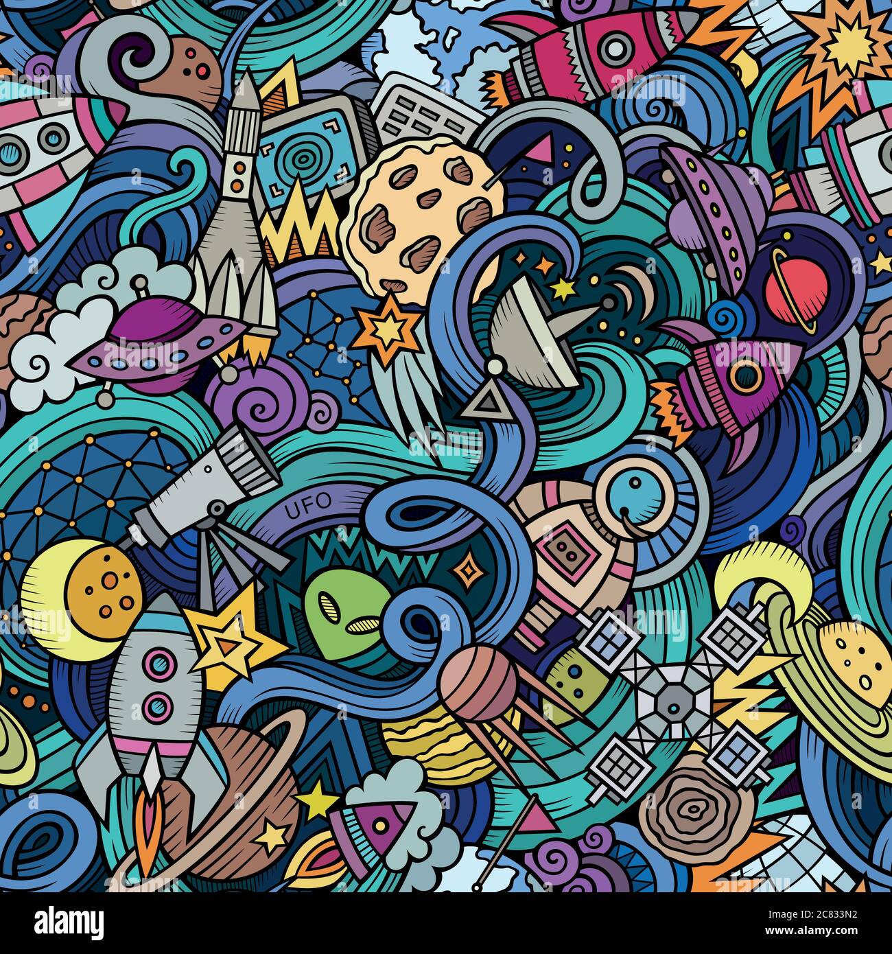Cartoon hand-drawn doodles on the subject of space seamless pattern ...