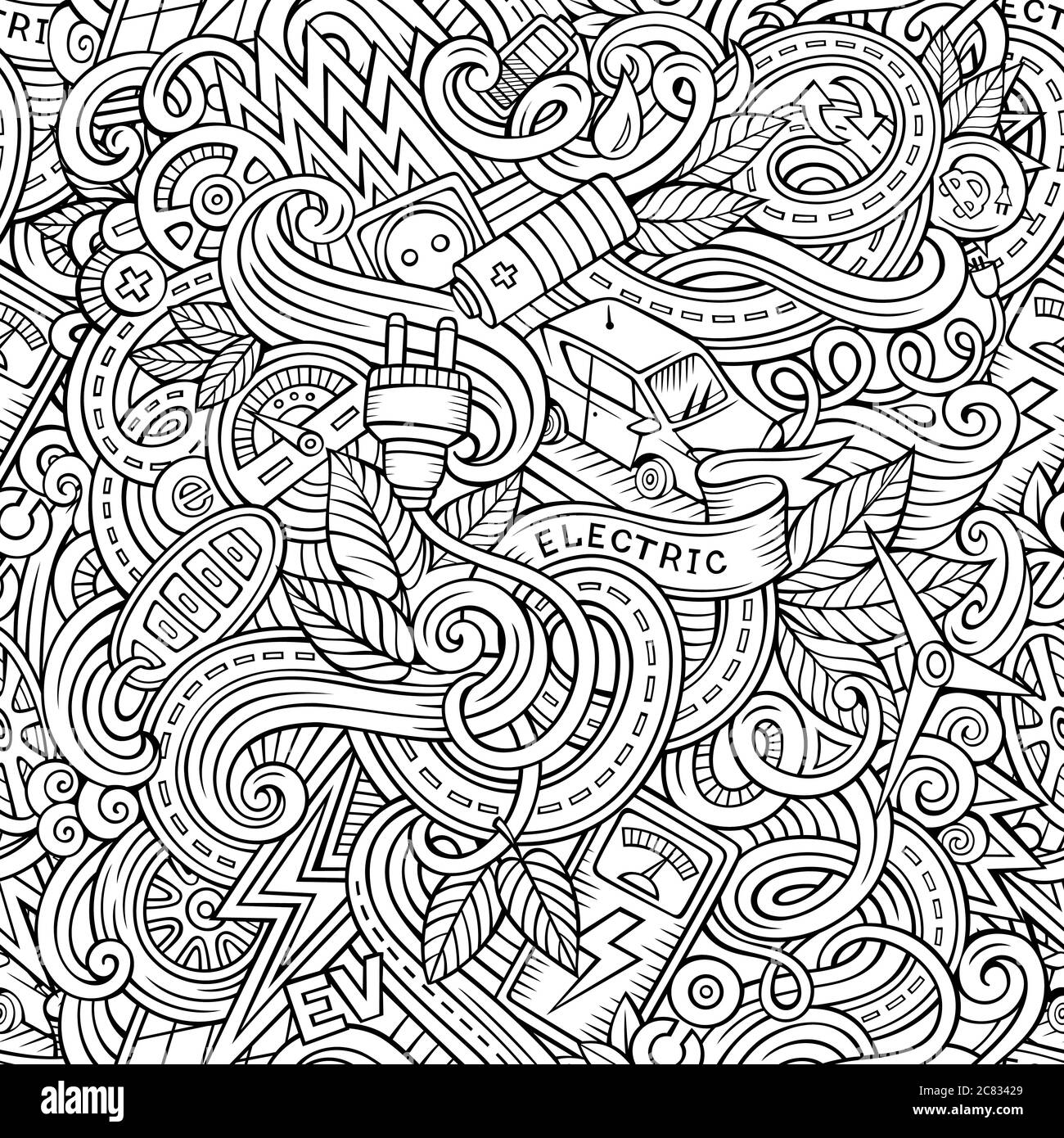 Cartoon cute doodles hand drawn Electric vehicle seamless pattern Stock ...