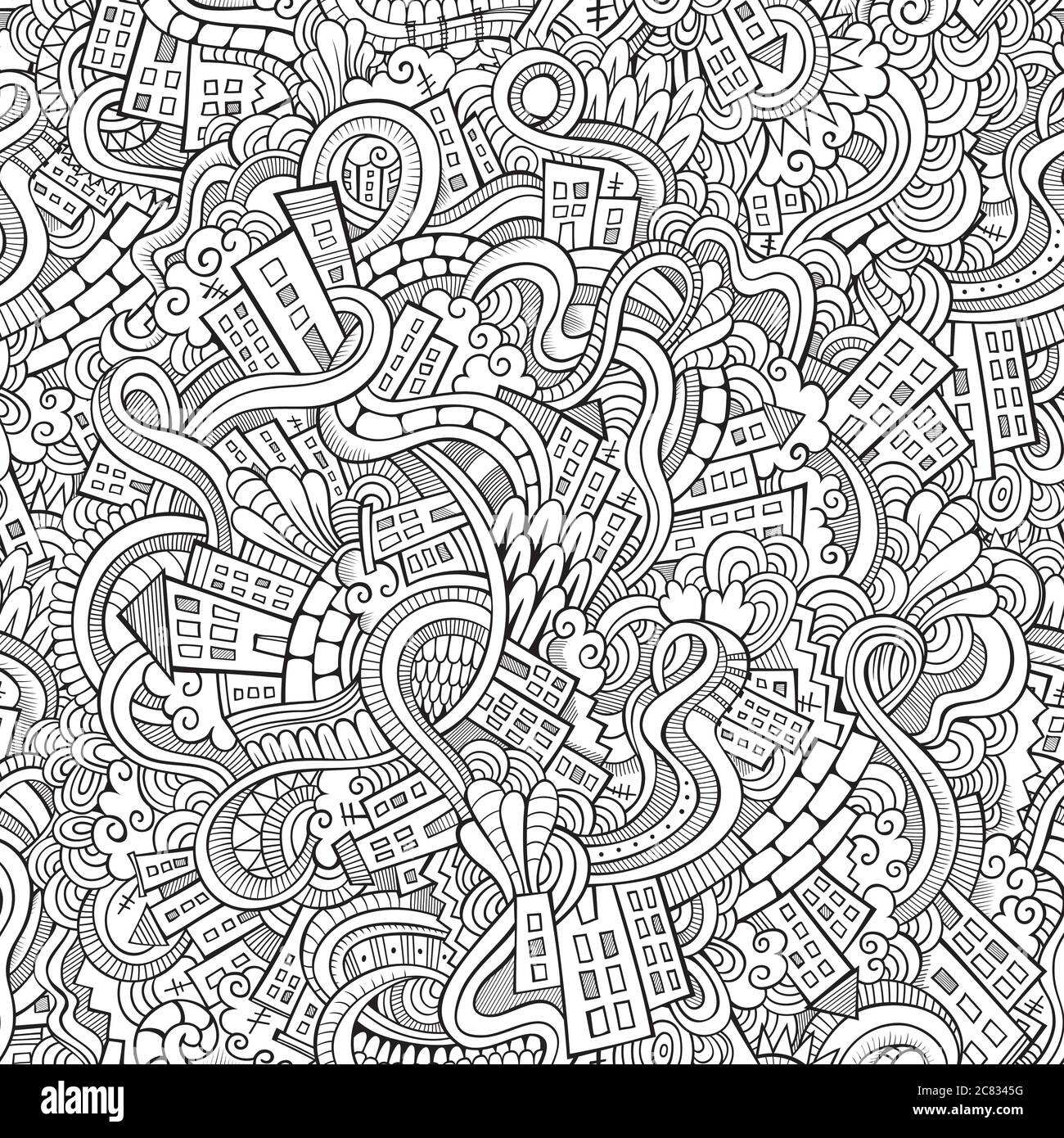 Cartoon vector doodles hand drawn town. seamless pattern Stock Vector ...