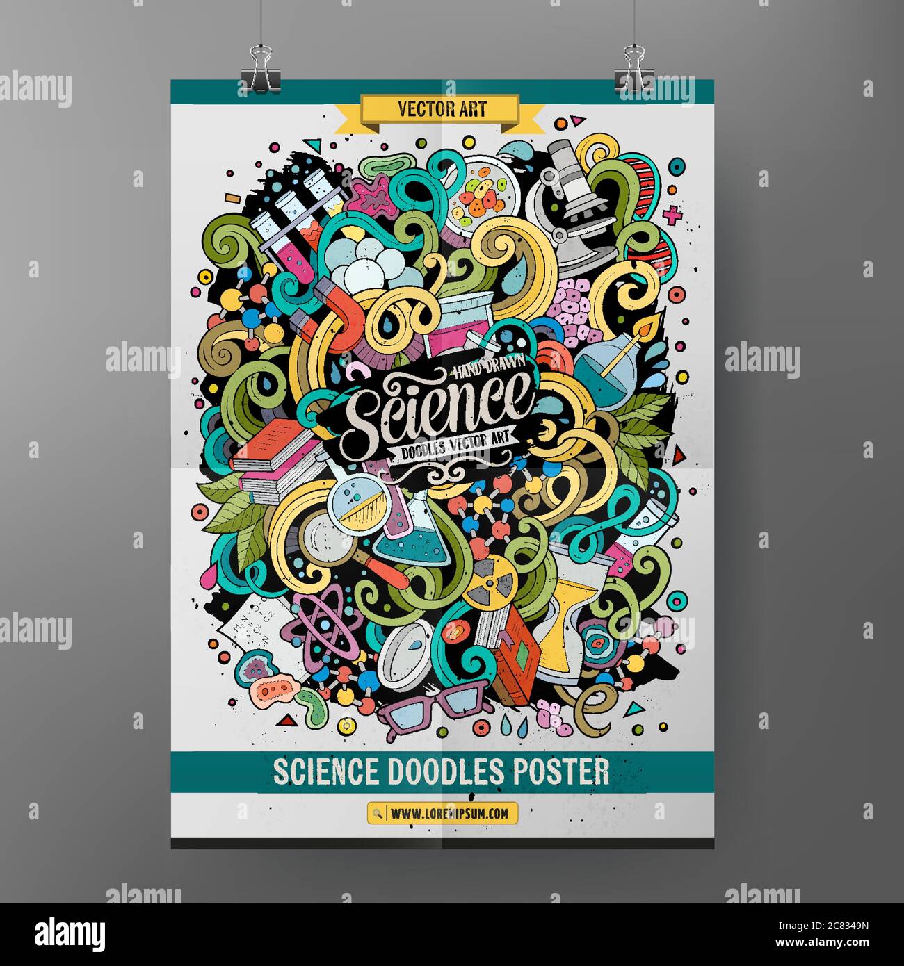 Cartoon colorful hand drawn doodles Science poster template Stock ...